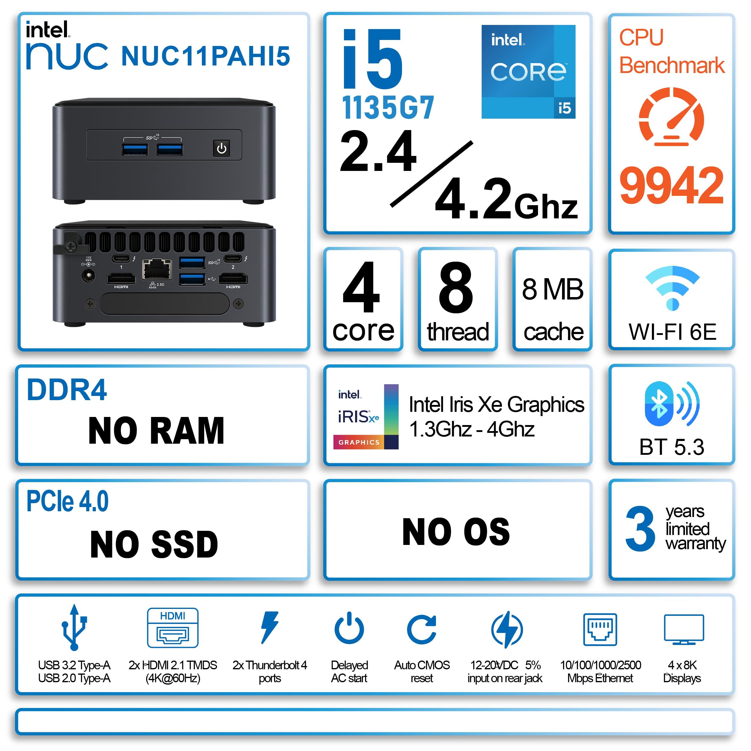 Intel NUC 11 Pro NUC11PAHI5 Panther Canyon Mini PC, Core i5-1135G7, Barebone ( NO RAM, NO SSD, NO OS ), with Intel Original Power AC Cord, Support 4K/WiFi 6/4K Quad Display/Bluetooth 5/Thunderbolt 3