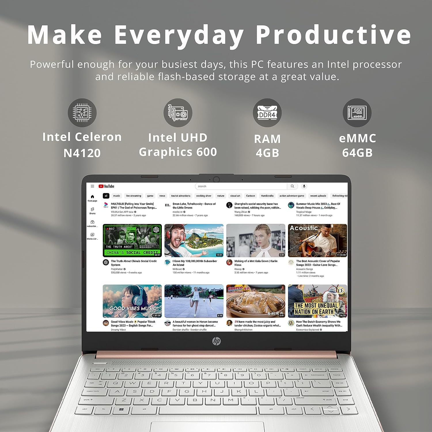 HP Premium Stream 14" HD BrightView Laptop, Intel Celeron N4120, 4GB RAM, 64GB eMMC, Intel UHD Graphics, HD Webcam, 1 Year Office 365, Bluetooth, WiFi, HDMI, Win 11s, Gold, 32GB Hotface USB Card