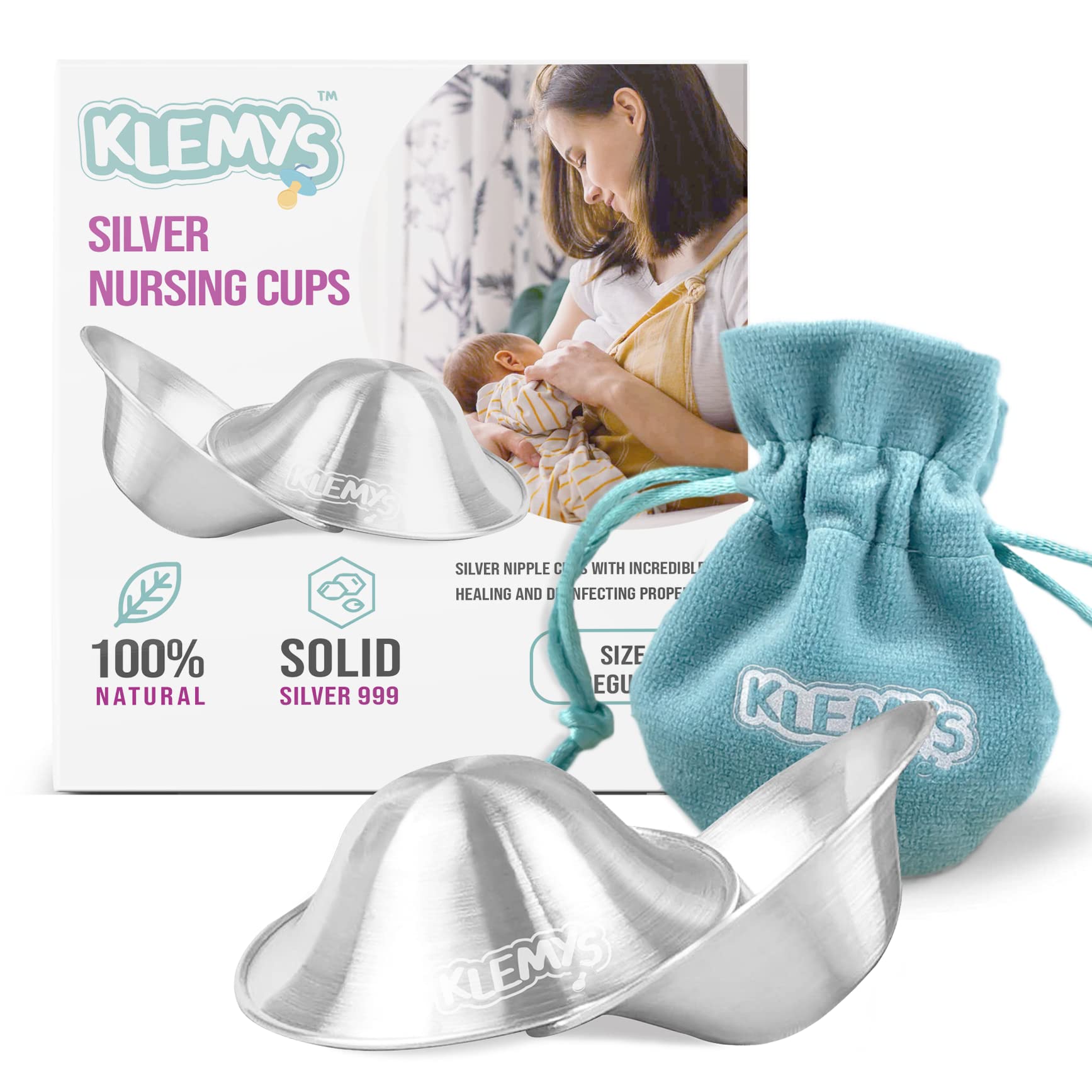 Klemys Silver Nursing Cups - Nipple Shields for Nursing Newborn - Breastfeeding Essentials - Newborn Must Haves - Nipple Covers Breastfeeding - 999 Silver (Regular)
