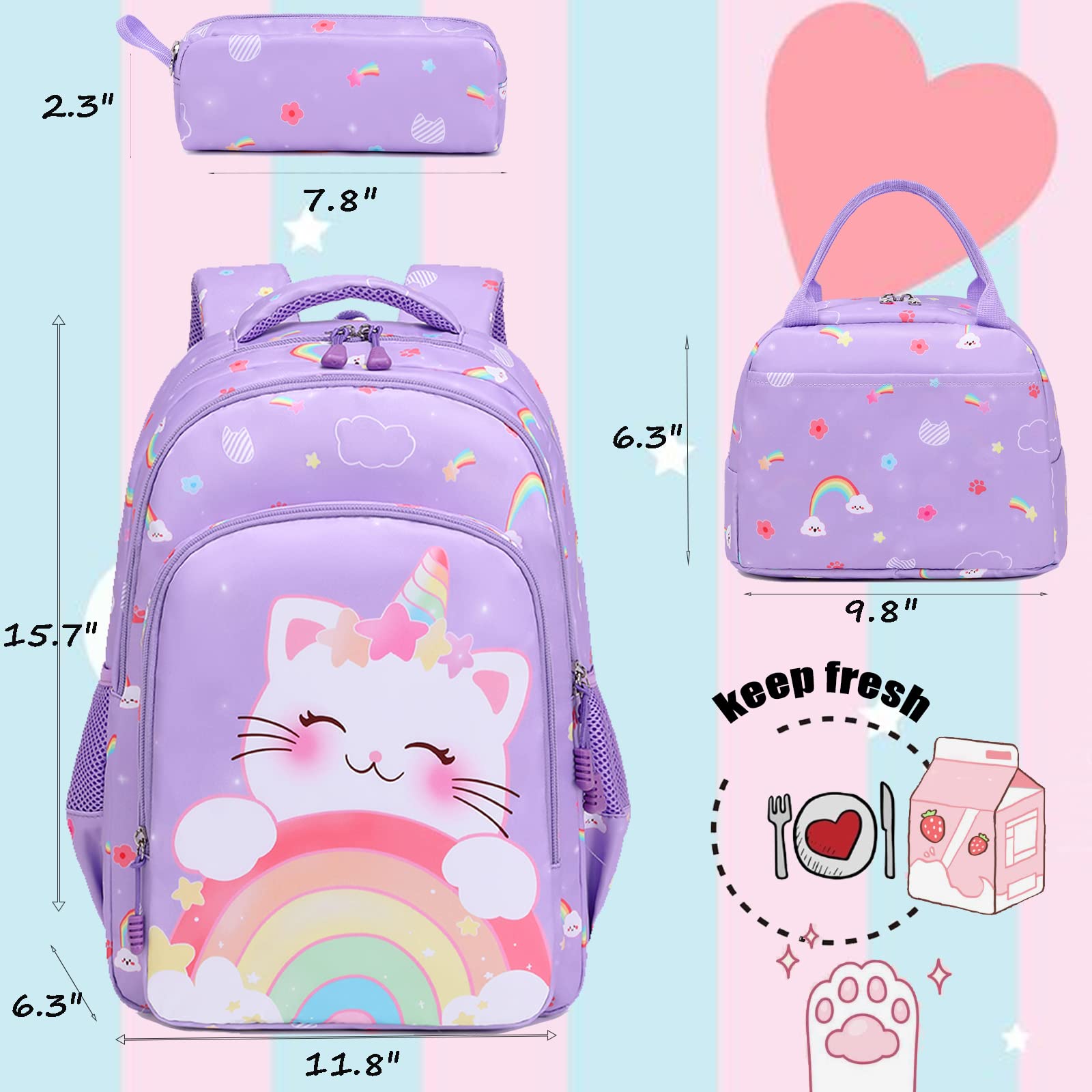 Jumpopack Unicorn Backpack for Girls School Backpack for Elementary Girls Backpack with Lunch Box Lightweight Water Resistance School Bag Preschool Kids Bookbag,Unicorn Cat