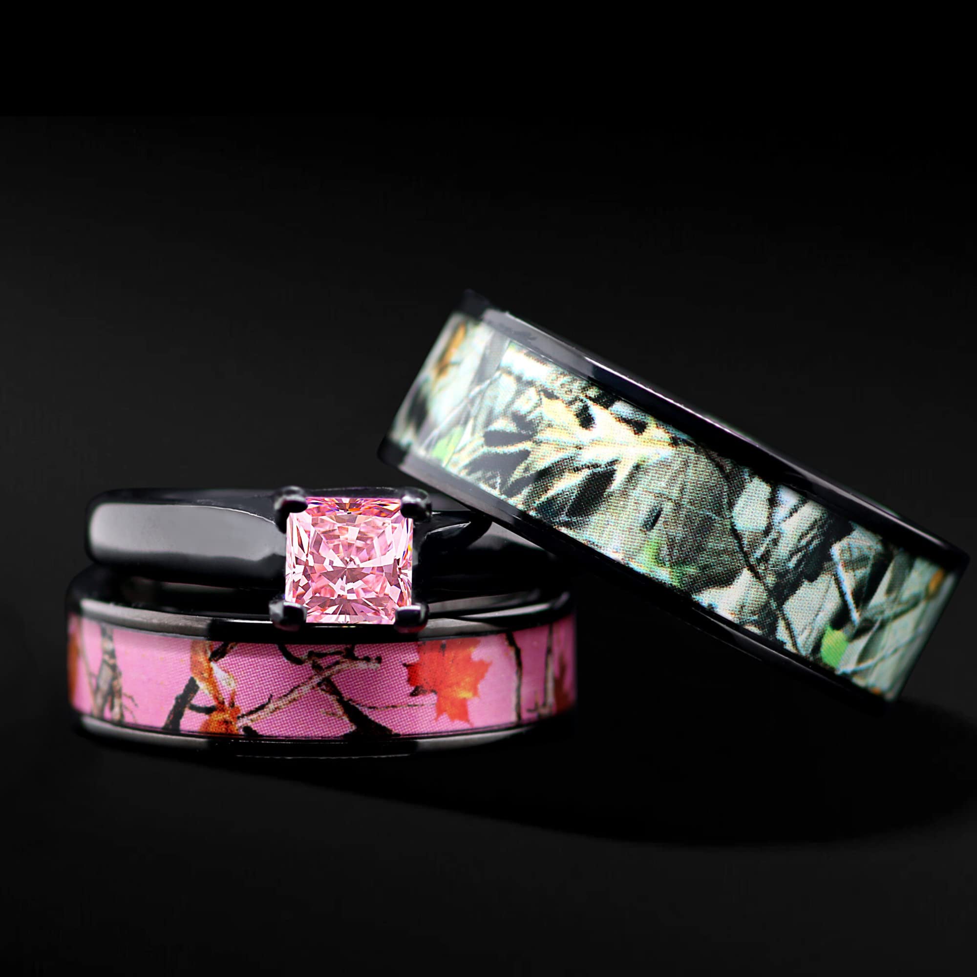 His & Hers Pink Women`s & Men`s Black Titanium Camo and Stainless Steel Princess Engagement Wedding Rings Set (Size His 12, Hers 07)