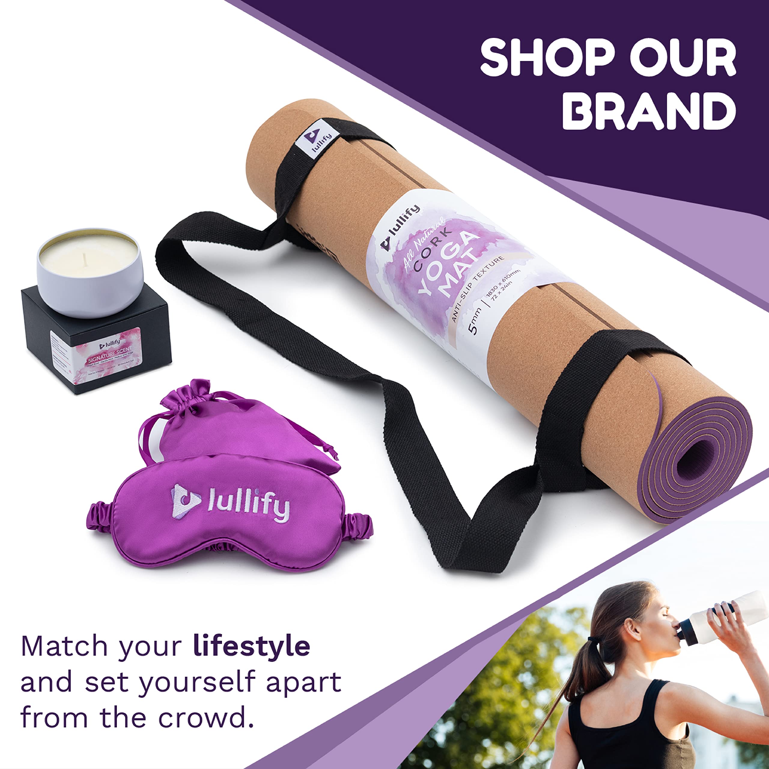 Lullify Essentials Bundle | Cork Yoga Mat | Signature Scent Natural Soy & Beeswax Candles | Silk Travel Mask