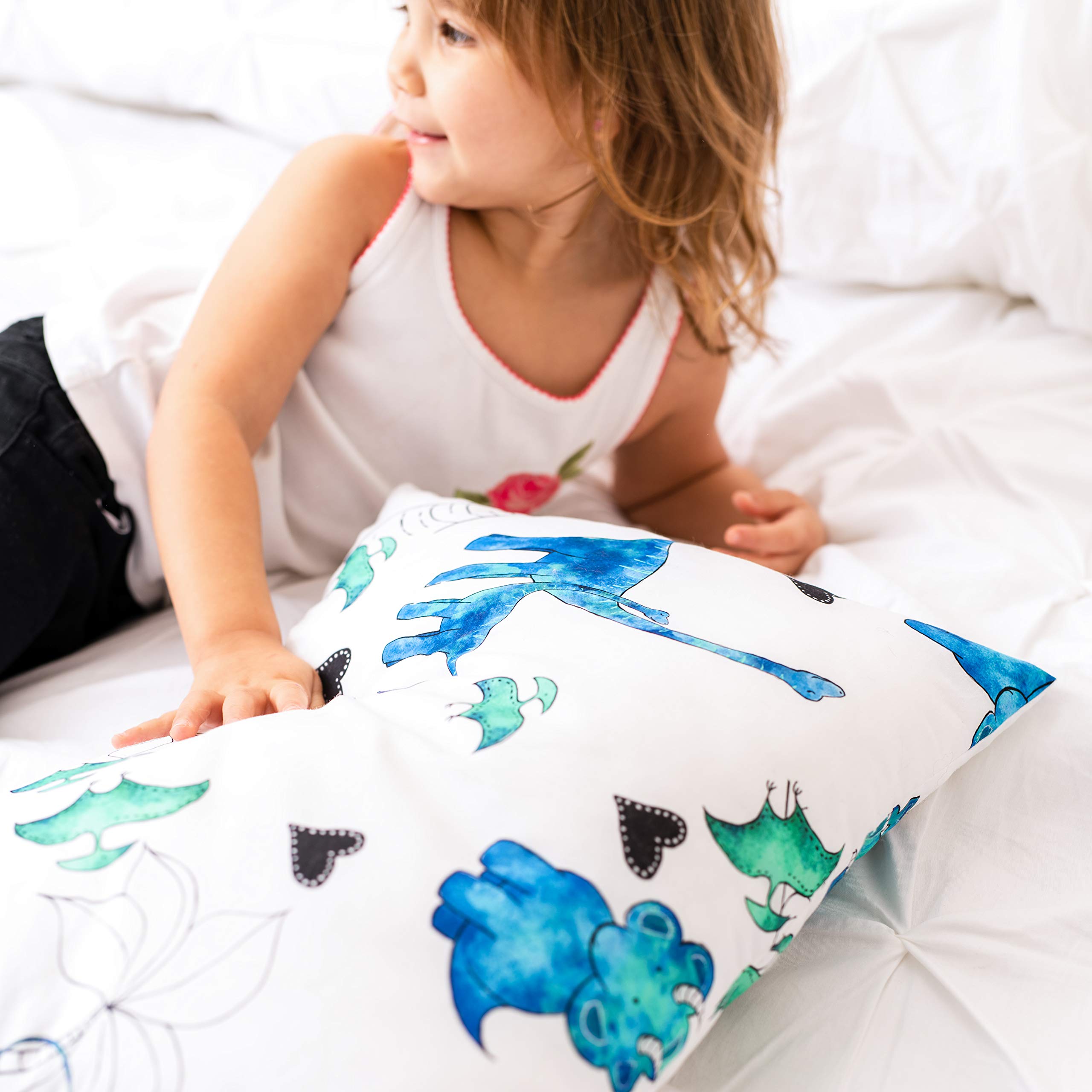 JumpOff Jo β Toddler Pillow for Kids, No Pillowcase Needed, Kids Travel Pillow, 100% Cotton Cover, Hypoallergenic, Machine Washable β 14βx19 (Dinosaur)