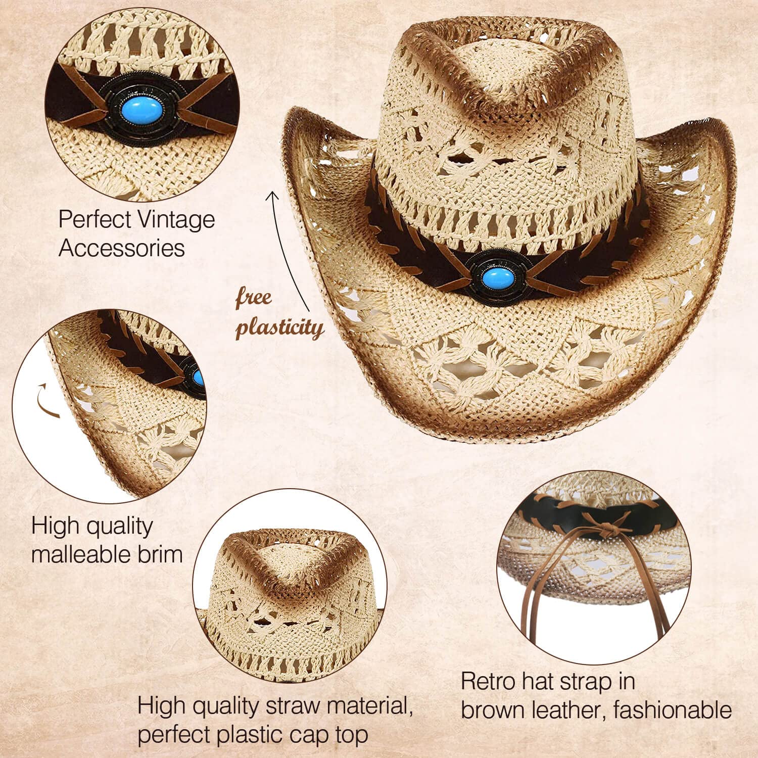 OYSPOSUP Straw Cowboy Hat for Men and Women with Shape-It Brim, Western Cowboy Hat