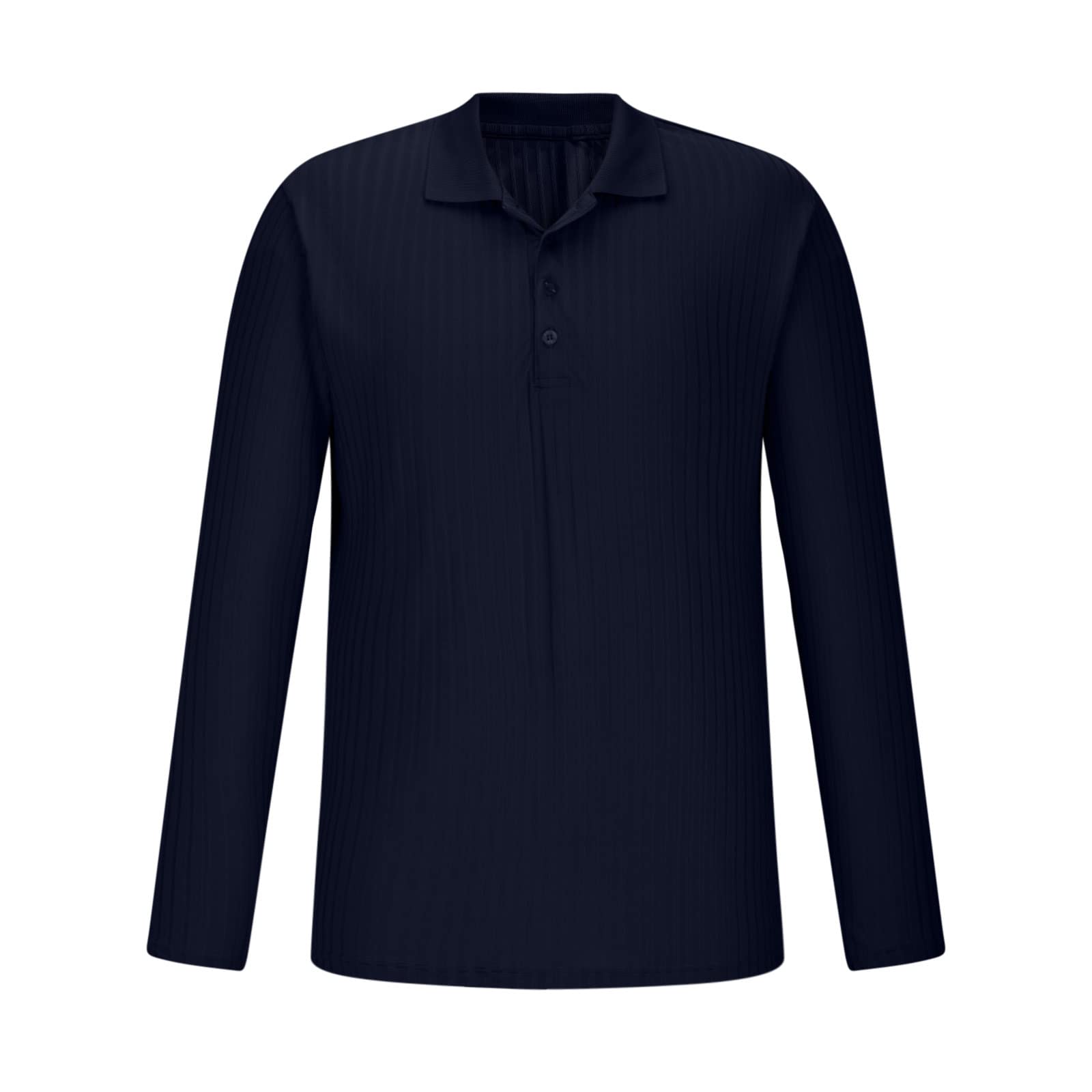 MEOILCE Long Sleeve Knit Polo Shirts Mens Slim Fit Casual Basic Button Up T-Shirt Fashion Stretch Ribbed Golf Shirts Navy