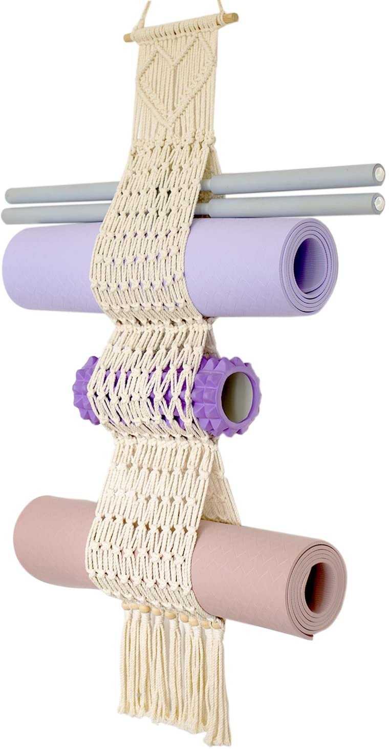 Macrame Yoga Mat Holder Wall Mount Yoga Mat Foam Roller Wall Hanging Rack for Yoga Mat Storage Organizer with 3 Sizes Easy Access Pocket Boho Gym Home Decor