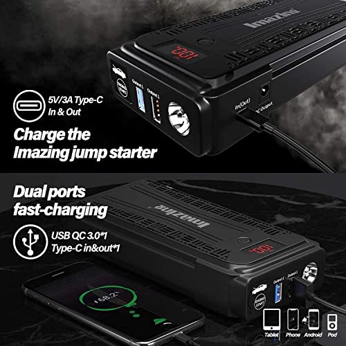 Imazing Portable Car Jump Starter - 2500A Peak 20000mAH (Up to 8L Gas or 8L Diesel Engine) 12V Auto Battery Booster Portable Power Pack with Jumper Cables, QC 3.0 and LED Light