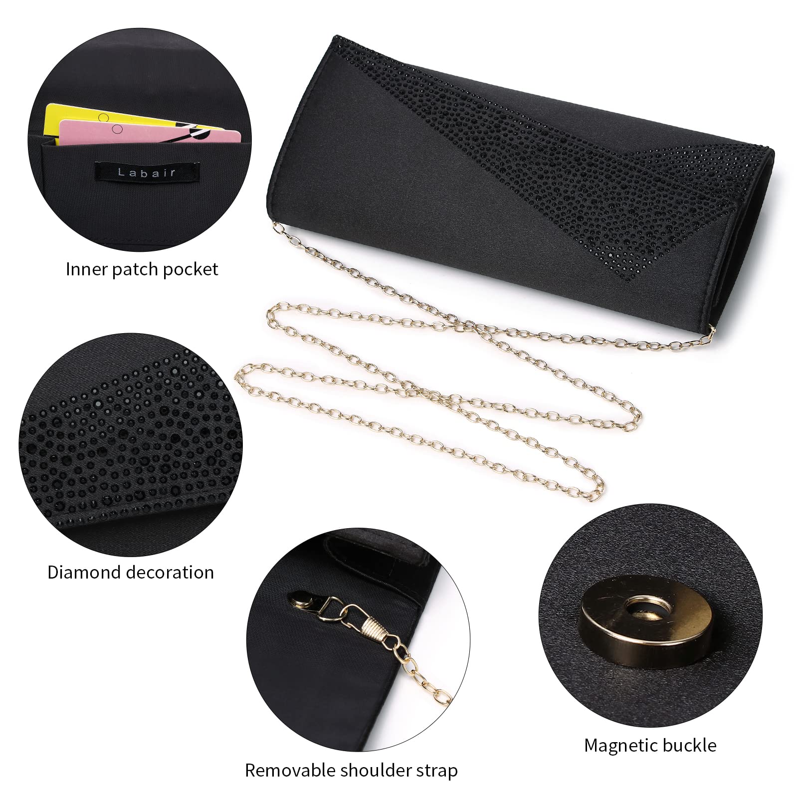 Labair Clutch Purses for Women Satin Rhinestone Evening Bag Wedding Formal Bridal Clutch.