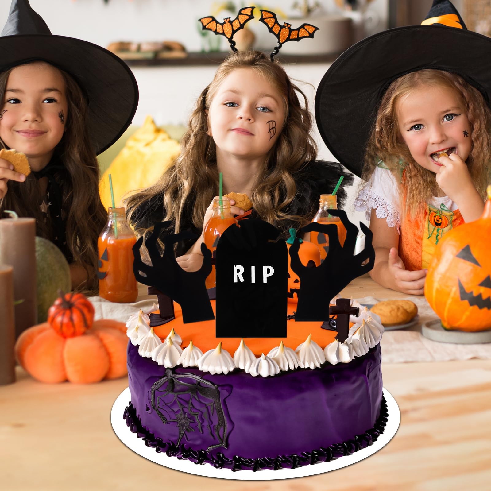 Halloween Cake Toppers Horror RIP Tombstone 3pcs Classic Black Ghost Hand Cake Toppers Halloween Cake For Creepy Theme DIY Birthday Wizard Spider Ghost Party Cake