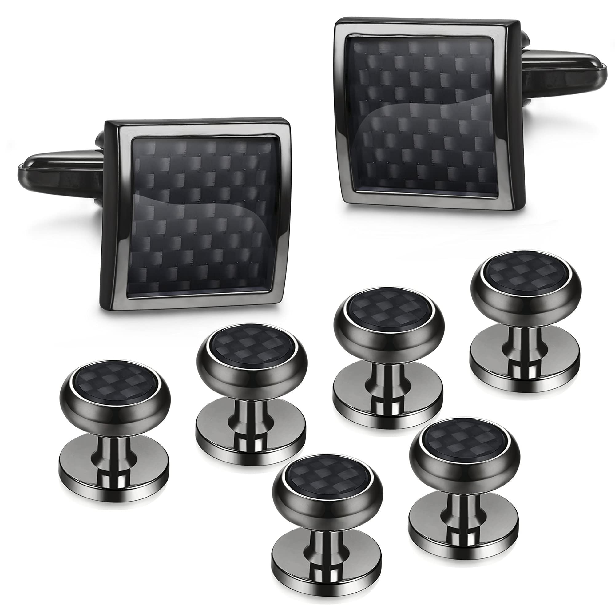 Jstyle 8pcs Mens Carbon Fiber Cufflinks and Shirt Studs Set Tuxedo Shirts Business Wedding