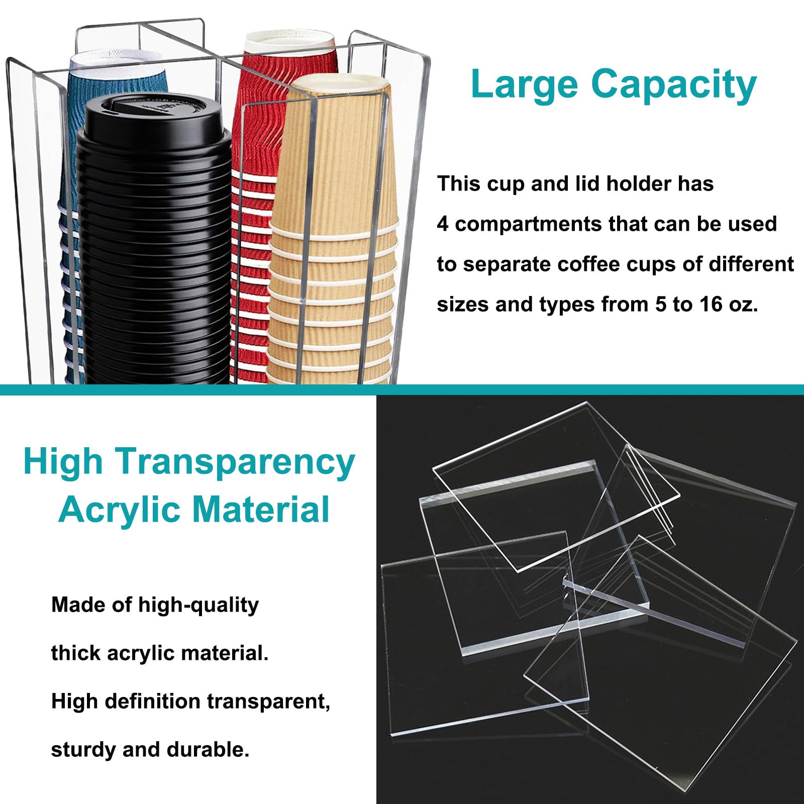 Tirifer Cup and Lid Holder, Coffee Cup Dispenser, Acrylic Cup Storage Organizer, Disposable Paper Cup Storage Holder with 4 Compartments for Countertop Coffee Station Bar Restaurant, Clear