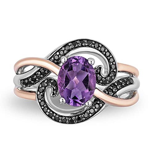 Jewelili Enchanted Disney Fine Jewelry Sterling Silver with Rose Gold Plating, Black Rhodium 1/5 Cttw Diamond and Amethyst Ursula Ring, Size 9