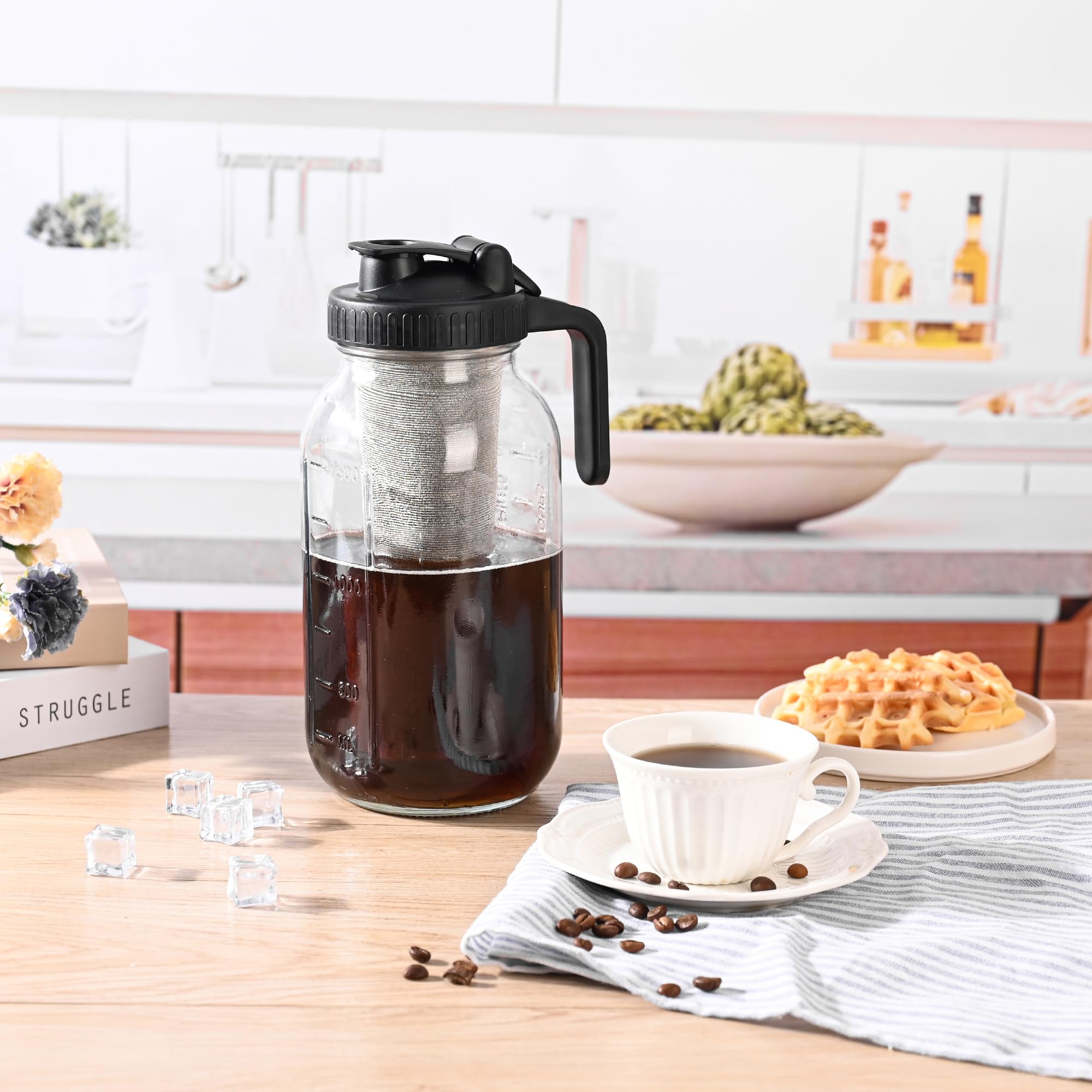 KMIGRUAN Cold Brew Coffee Maker-64oz (2 Quart) Durable Glass Mason Jar Cold Brew Pitcher, Flip Cap Lid with Handle,Stainless Steel Super Dense Filter for Iced Brew Coffee, Iced Tea, Sun Tea