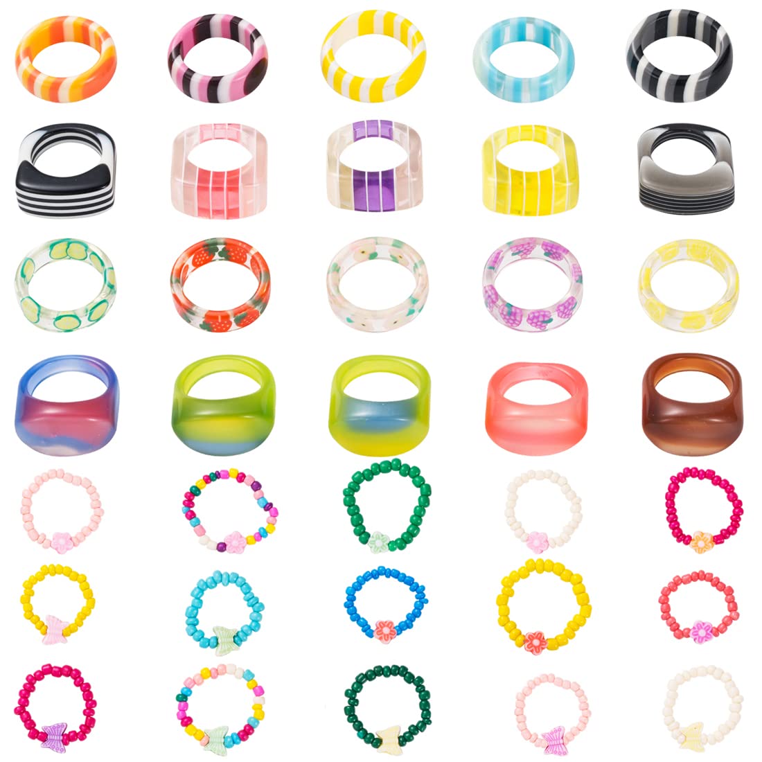 K&Y 20PCS resin acrylic color ring 15PCS color flower butterfly beaded ring set cute handmade flower bead ring for Women (Color3)