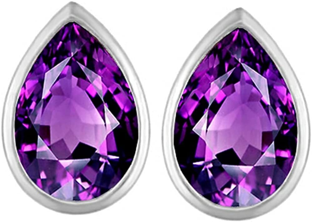 JewelryGift 925 Sterling Silver Natural Amethyst Purple Teardrop Pear Shaped Bezel Set Stud Earrings For Women friction-back Jewelry