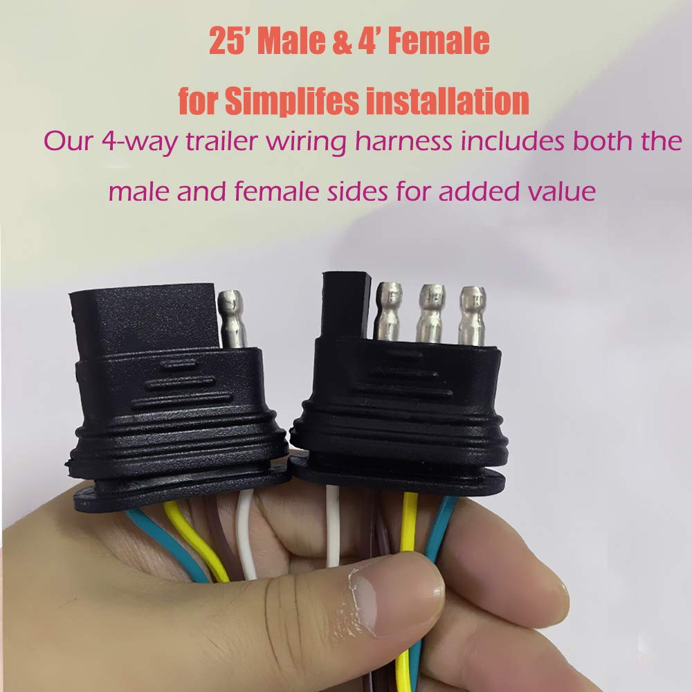 JUNEVEN 25 FT 4 Wire 4-Flat Trailer Light Wiring Harness Extension Kit[Wishbone-Style][SAE J1128 Rated][25' Male & 4' Female][18 AWG Color Coded Wires]Wire Harness For Utility Boat Trailer Lights Kits
