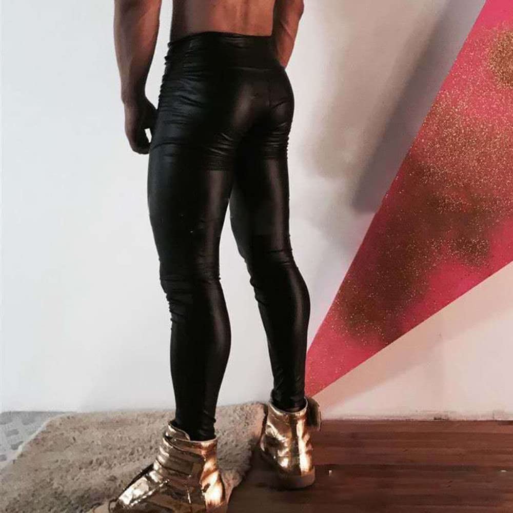 Mens PU Leather Sweatpants Compression Legging Wet Look Skinny Pouch Pants Trousers Clubwear Tight, Black