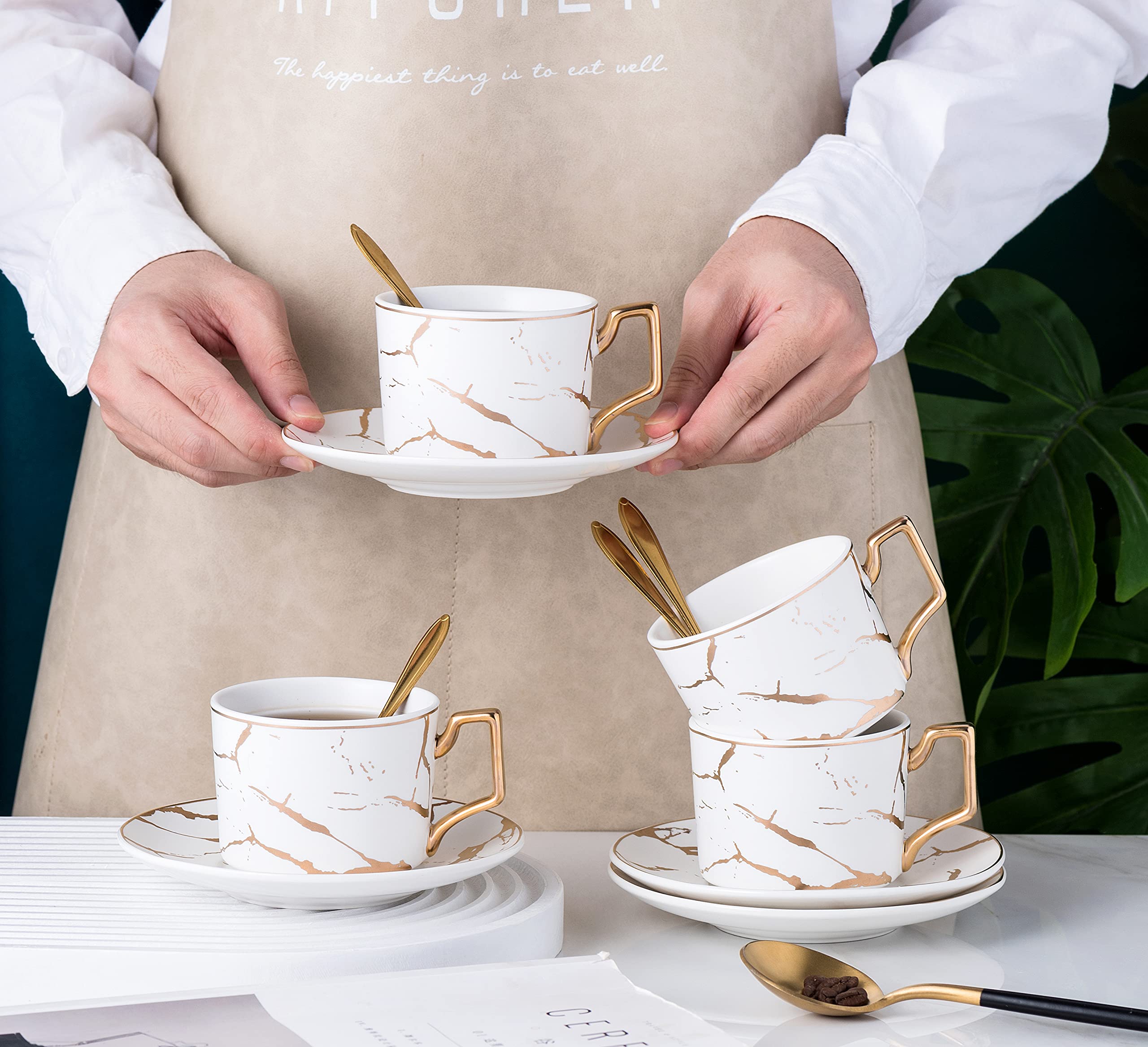 Jusalpha Serve of 4- Hand Printed Golden Matte Ceramic Marble Tea Coffee/Tea Cups with Spoons and Cup Holder, 7OZ -TCS26 (White/Gold, Serve of 4)