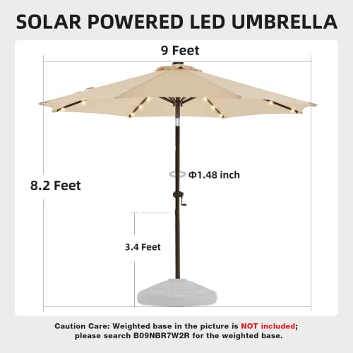 wikiwiki 9ft Outdoor Patio Table Umbrella, Sturdy Solar Led Market Umbrella for Deck, Pool, Garden w/Tilt, Crank, 32 LED Lights - Beige