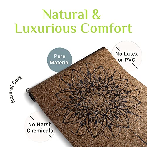 Livity Yoga - Mandala Cork Yoga Mat, Durable & Non-Slip Workout Mat, Cork Exercise Mat with Beautiful Mandala Design & Alignment Points, 74 x 24 x 0.2 inches