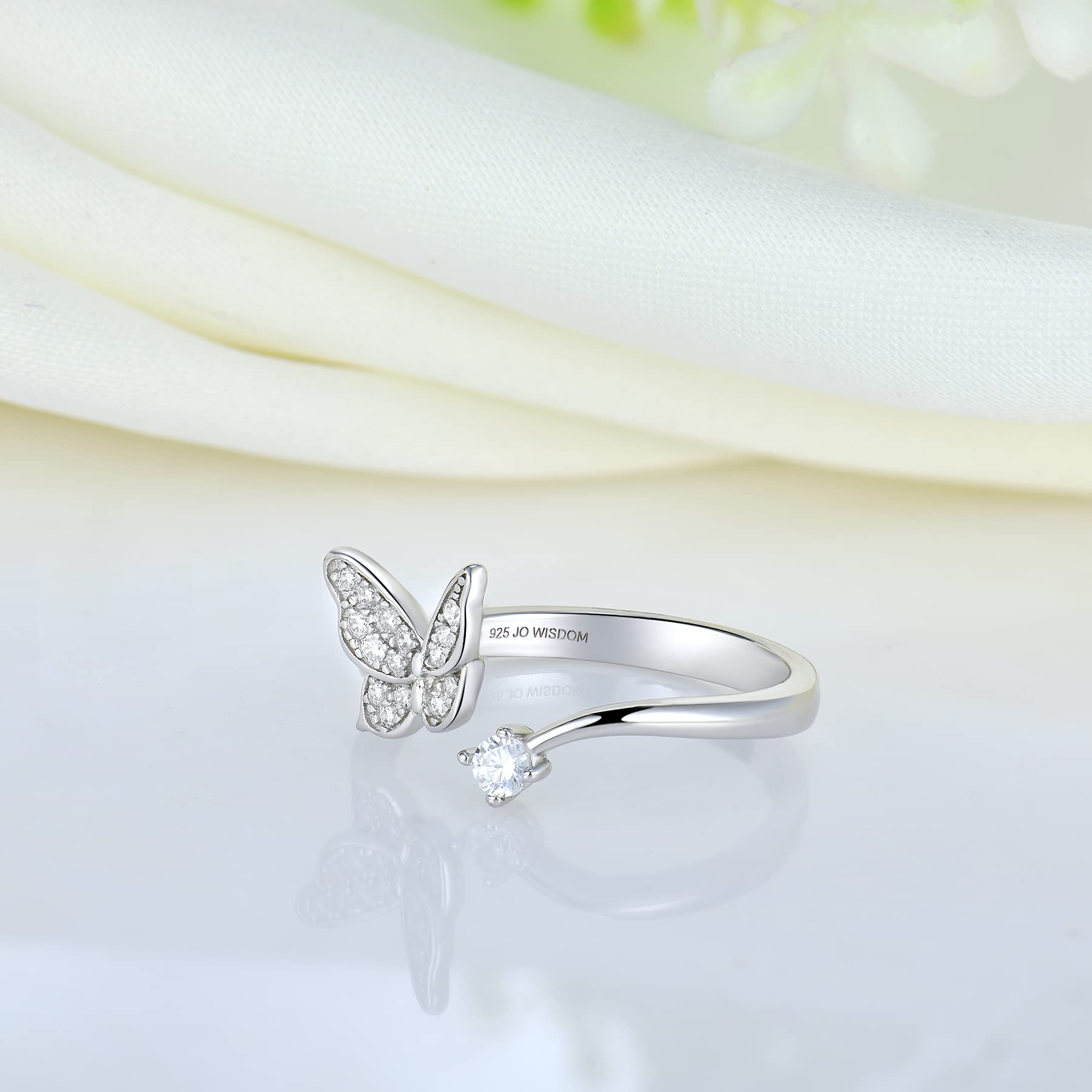 JO WISDOM Women Ring,925 Sterling Silver AAA Cubic Zirconia Butterfly Promise Wedding Engagement Open Rings Adjustable for Women size 5