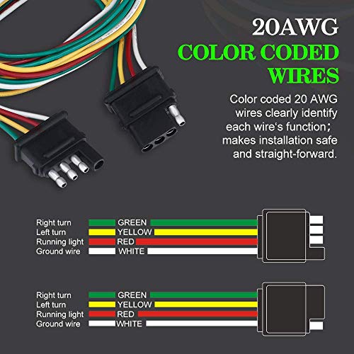 juneven 6ft 4 Wire 4-Flat Trailer Light Wiring Harness Kit 4 Way Trailer Wire Extension & Wishbone-Style with 18 Gauge White Ground Wire SAE J1128 Rated