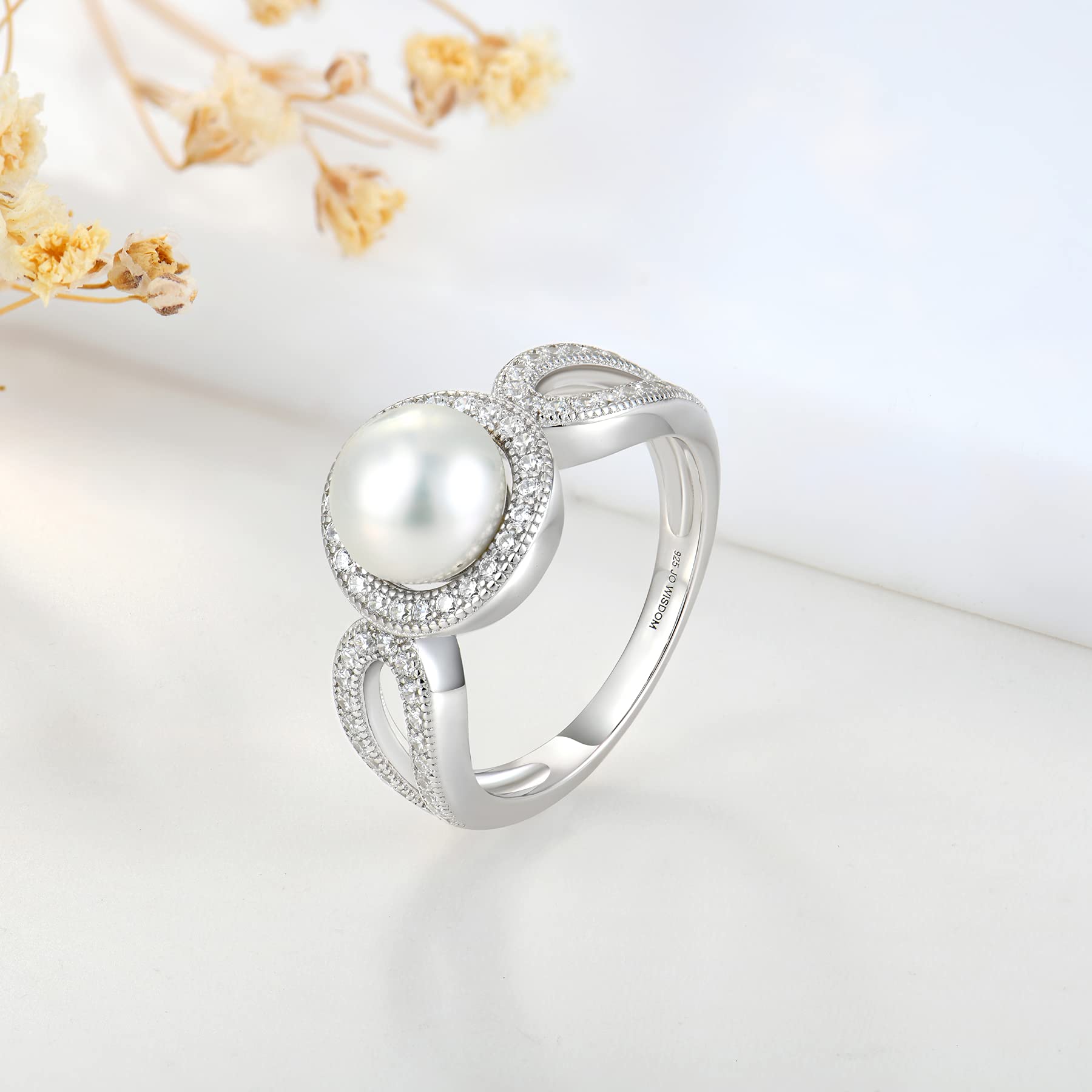 JO WISDOM Women Pearl Ring,925 Sterling Silver Cubic Zirconia Infinity Pearl Ring with 7.5mm White Freshwater Cultured Pearl Ring size 10