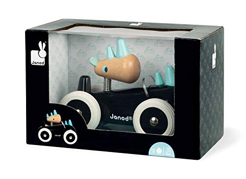 Janod Spirit Wood Car Push Toy - Rony Rhino - Ages 18 Months+ - J04492