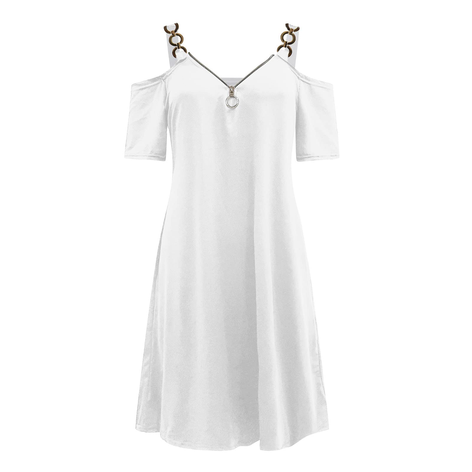 Keepfit Cold Shoulder Mini Dress for Women Short Sleeve Hoop Splicing Straps A-Line Pleated Dress White