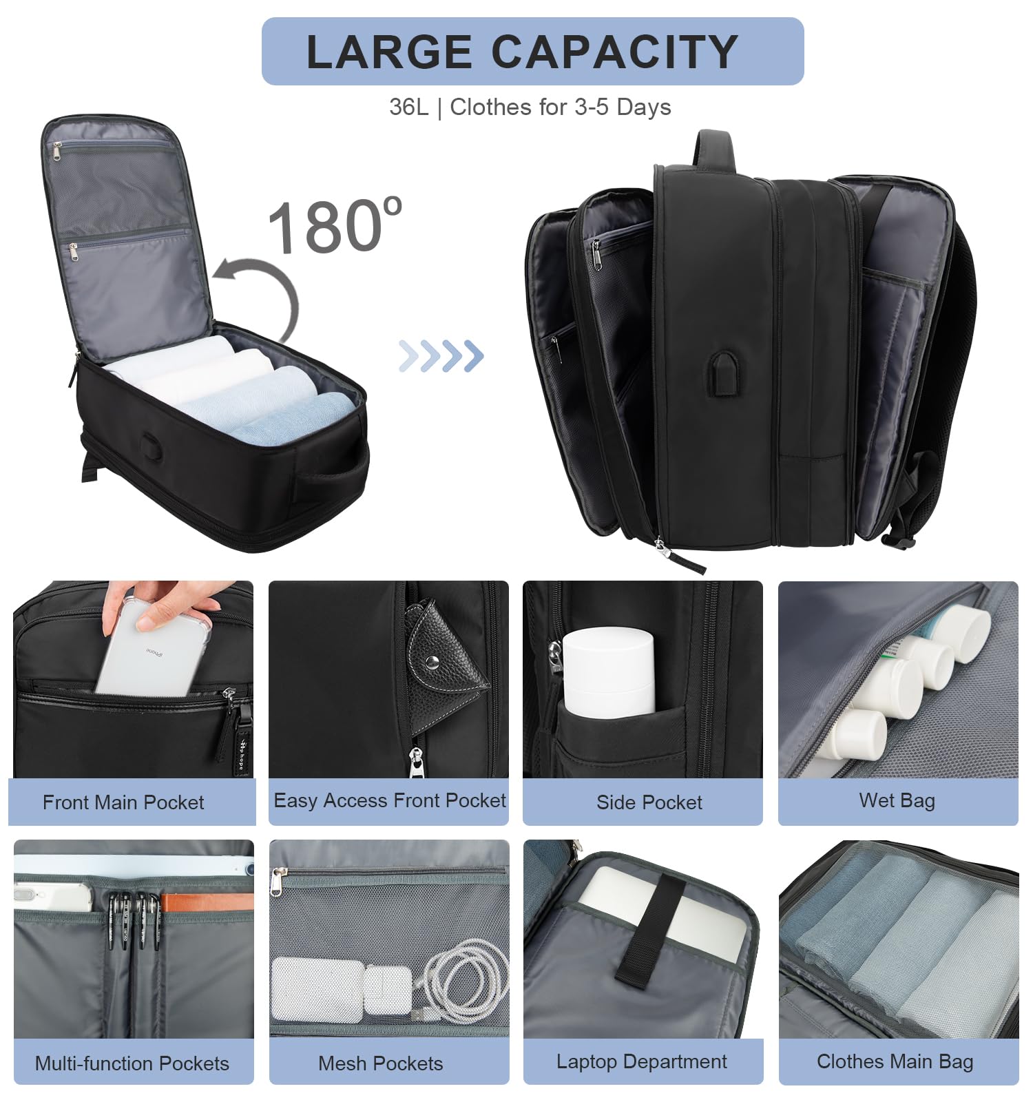 Hp hope Travel Backpack for Women Men, Expandable Airline Approved Carry On Backpack Flight Approved, Waterproof Hiking Weekender Backpack with USB Charging Port & Shoes Compartment, Black