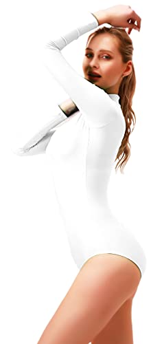 Javly Turtleneck Bodysuit for Women Long Sleeve Ballet Dance Leotards with Zipper on Back Undergarment Spandex Bodysuits Jumpsuits White S