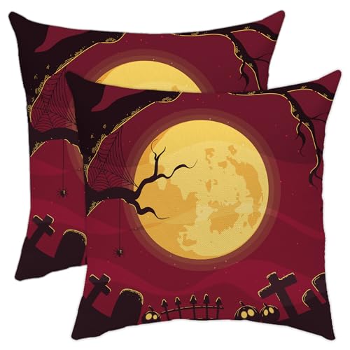 Halloween Moon Pillow Covers Cute Ghost Pumpkin Moon Living Room Bedroom Dorm Pack of 2 Washable Soft Linen Pillow Covers Couch Decorative,red,18x18 Inch