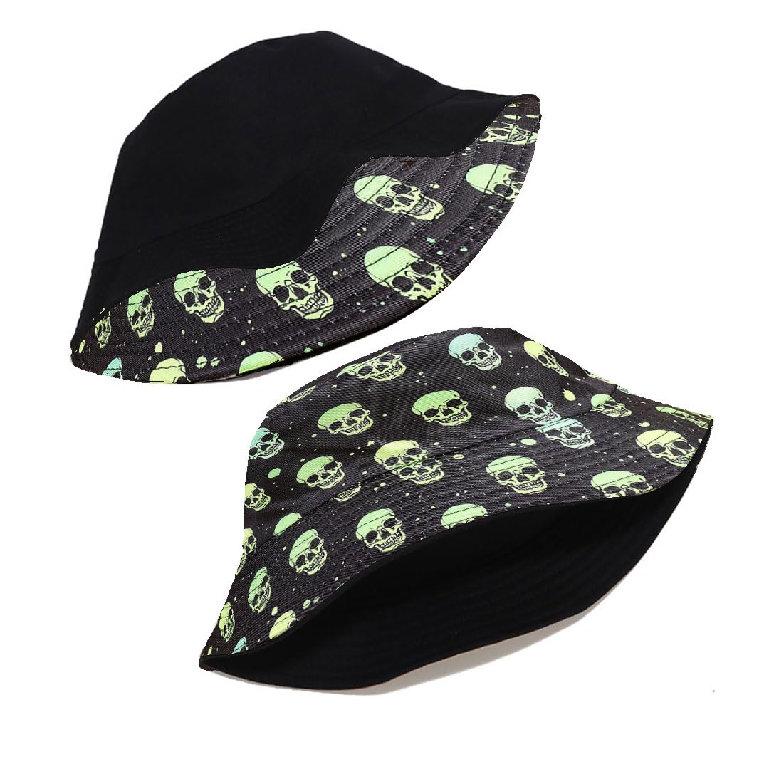 IHAUIUE Skull Print Bucket Hat Halloween Pattern Fisherman Cap Reversible Packable Sun Hats for Women, Men, Small Green Skull
