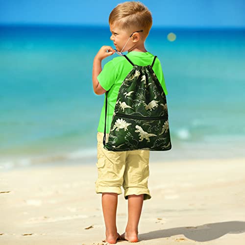 WAWSAM Dinosaur Drawstring Backpack - Drawstring Bags for Boys Kids Swim Bag for Beach Swim Swimming Pool Draw String Bags with Zippered Pocket Waterproof Sports Gym Bag