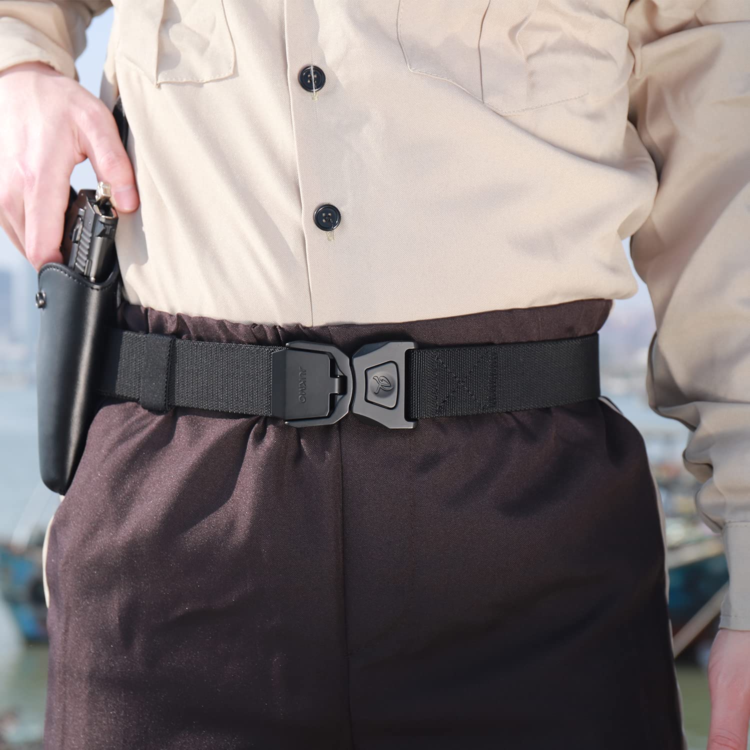 JUKMO Quick Release Tactical Belt, Military Work 1.5" Nylon Web Golf Belt with Heavy Duty Seatbelt Buckle (Black, Medium-for Waist 36"-42" (Length 49"))