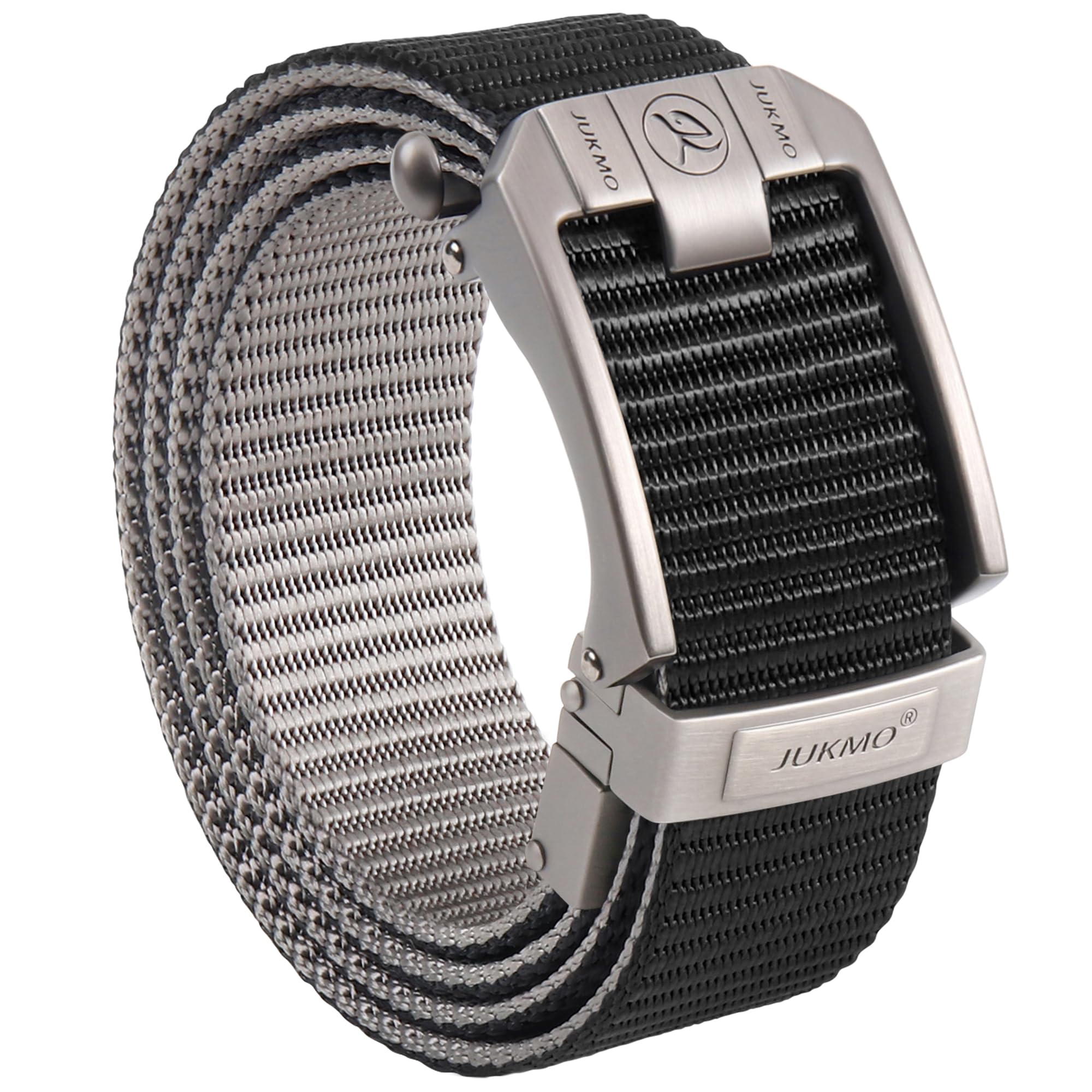 JUKMO Reversible Ratchet Belt, Nylon Web Tactical Work Belt with Automatic Slide Buckle (Grey/Black, Medium-for Waist 38"-42" (Length 49"))