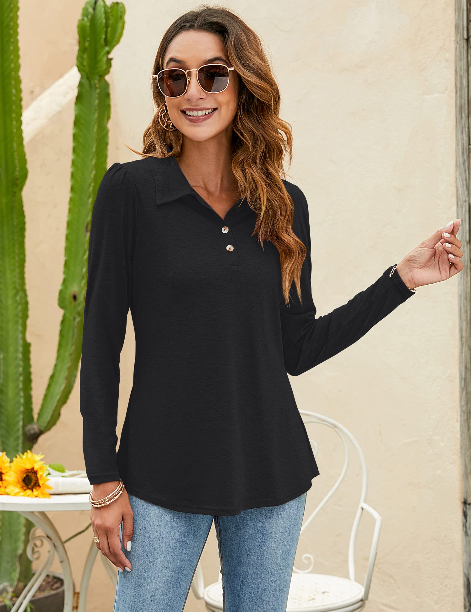 LOMON Women's Long Sleeve Polo Shirts and Blouses Business Casual Collared Tunic Shirt Black XL