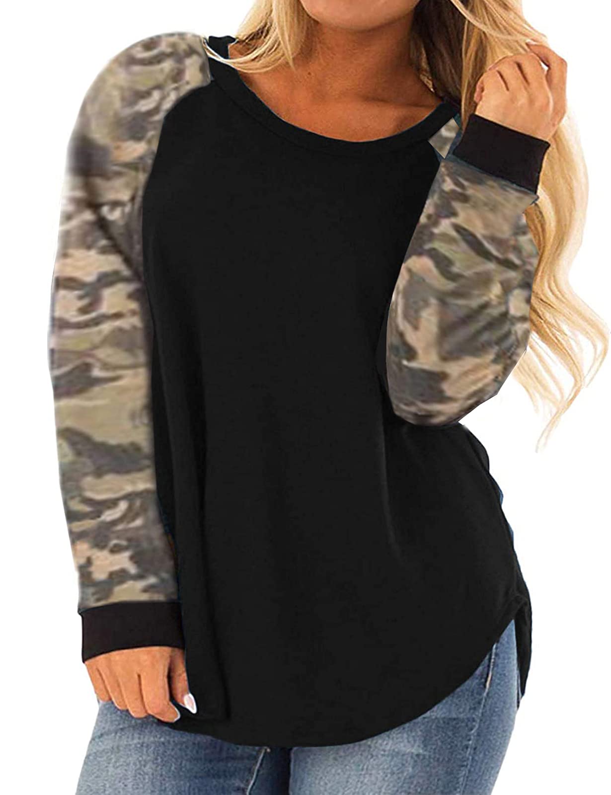 Kancystore Womens Plus Size Blouses Raglan Long Sleeve Pullover Sweatshirts Black 24