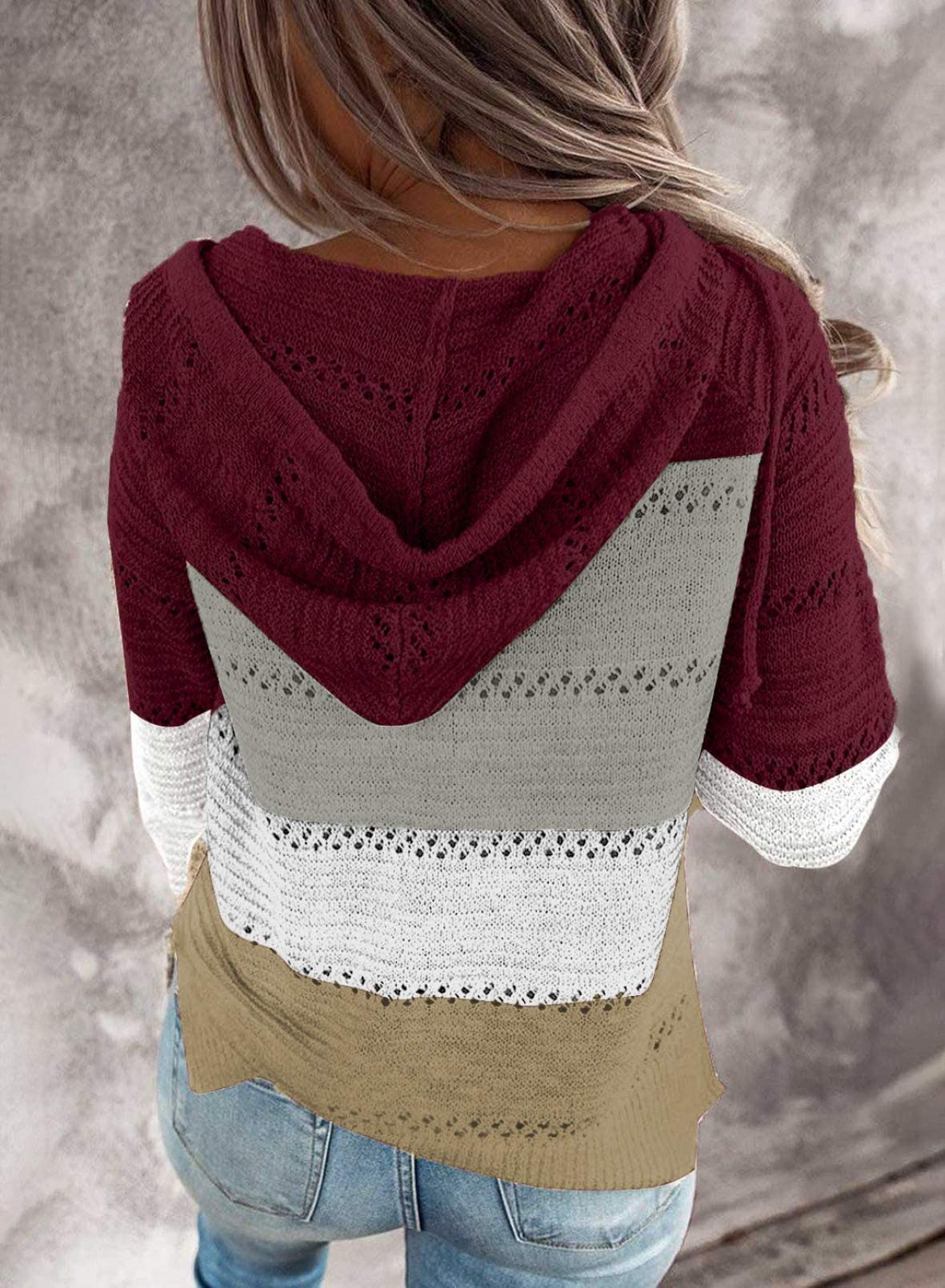 Vemodoo Women Hoodies Long Sweater Women's Color Block Knit Hoodies Sweaters V Neck Drawstring Lightweight Pullover Sweatshirts Red XX-Large