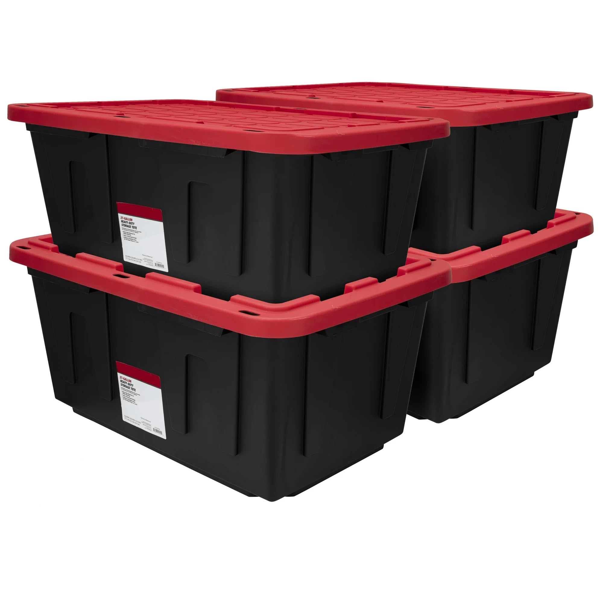 K&J CHIPMUNK 27 Gallon Stackable Snap Lid Plastic Storage Bin Container, Black with Red Lid, Set of 4