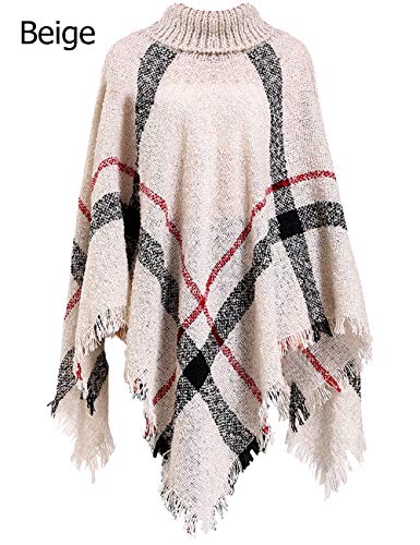 HITOP Womens Dress Ponchos, Boho Loose Tassel Plaid Poncho Turtleneck Jumper Knit Oversized Pullover Sweater Tops for Women Beige