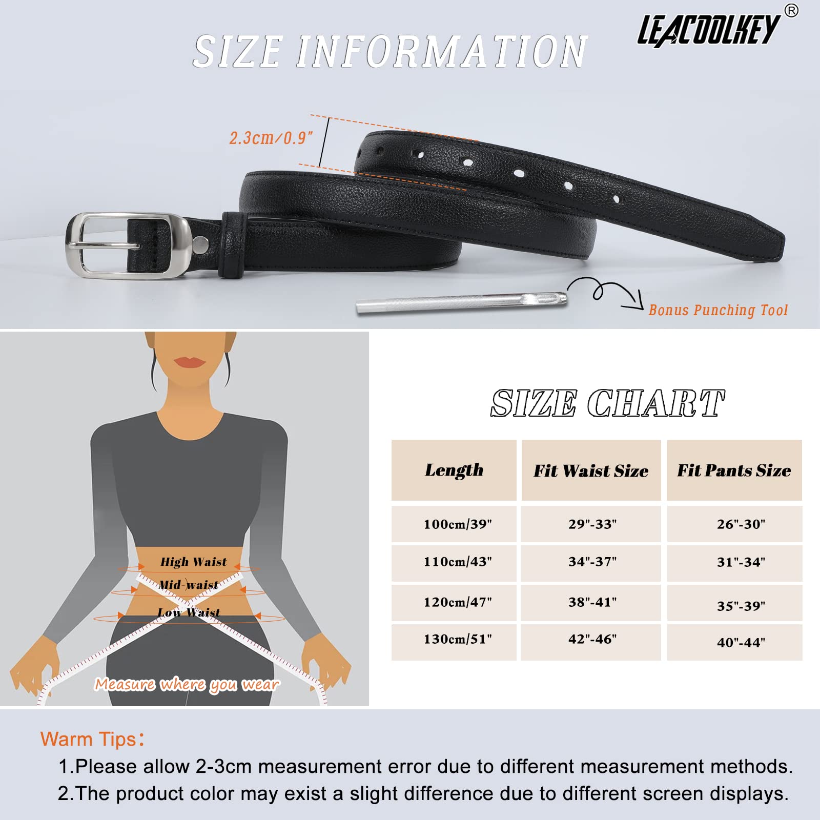 LEACOOLKEY Women Leather Belt for Jeans Pants Solid Fashion Waist Belt for Dress with Silver Pin Buckle