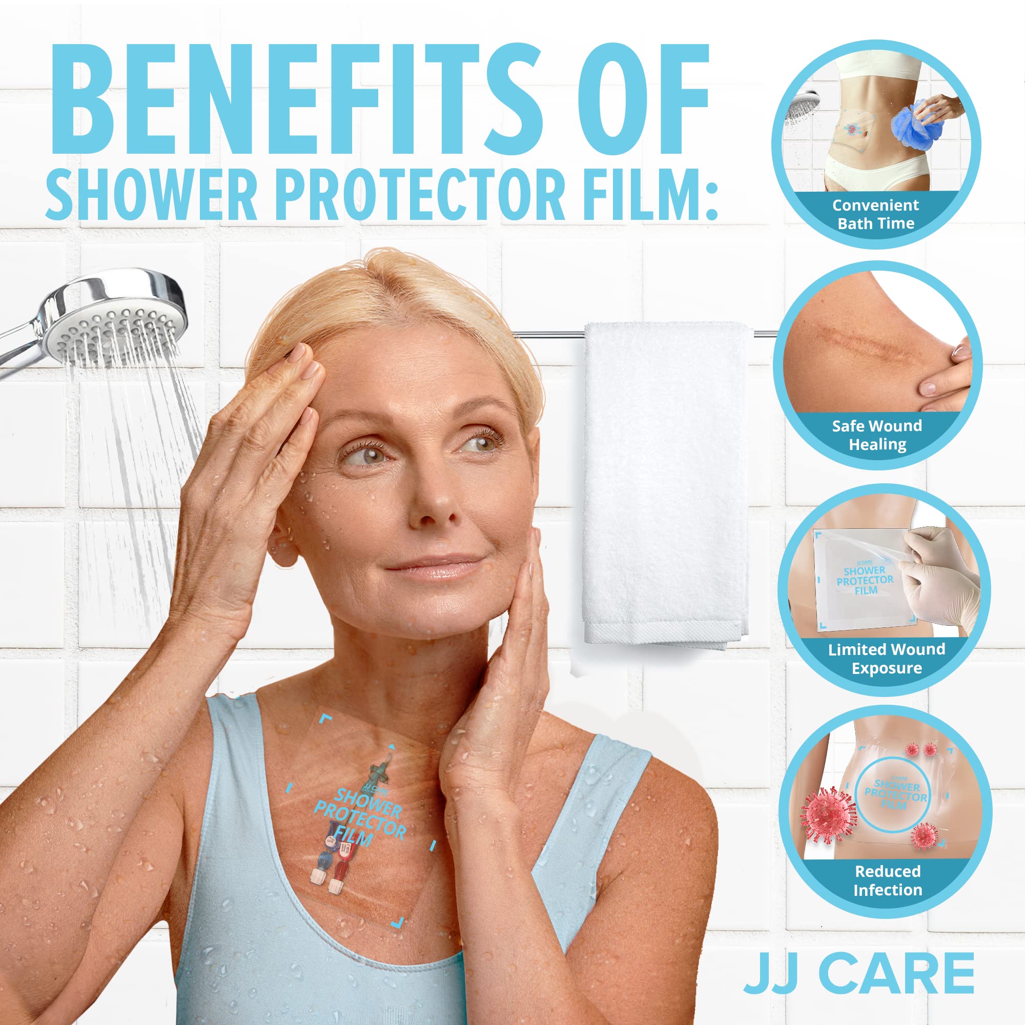 JJ CARE Shower Protector [Pack of 7], 9x9 Dialysis Catheter Shower Cover, PICC Line Water Barrier, Colostomy Shower Shields, Waterproof Bandage Protector, 1 Week Supply