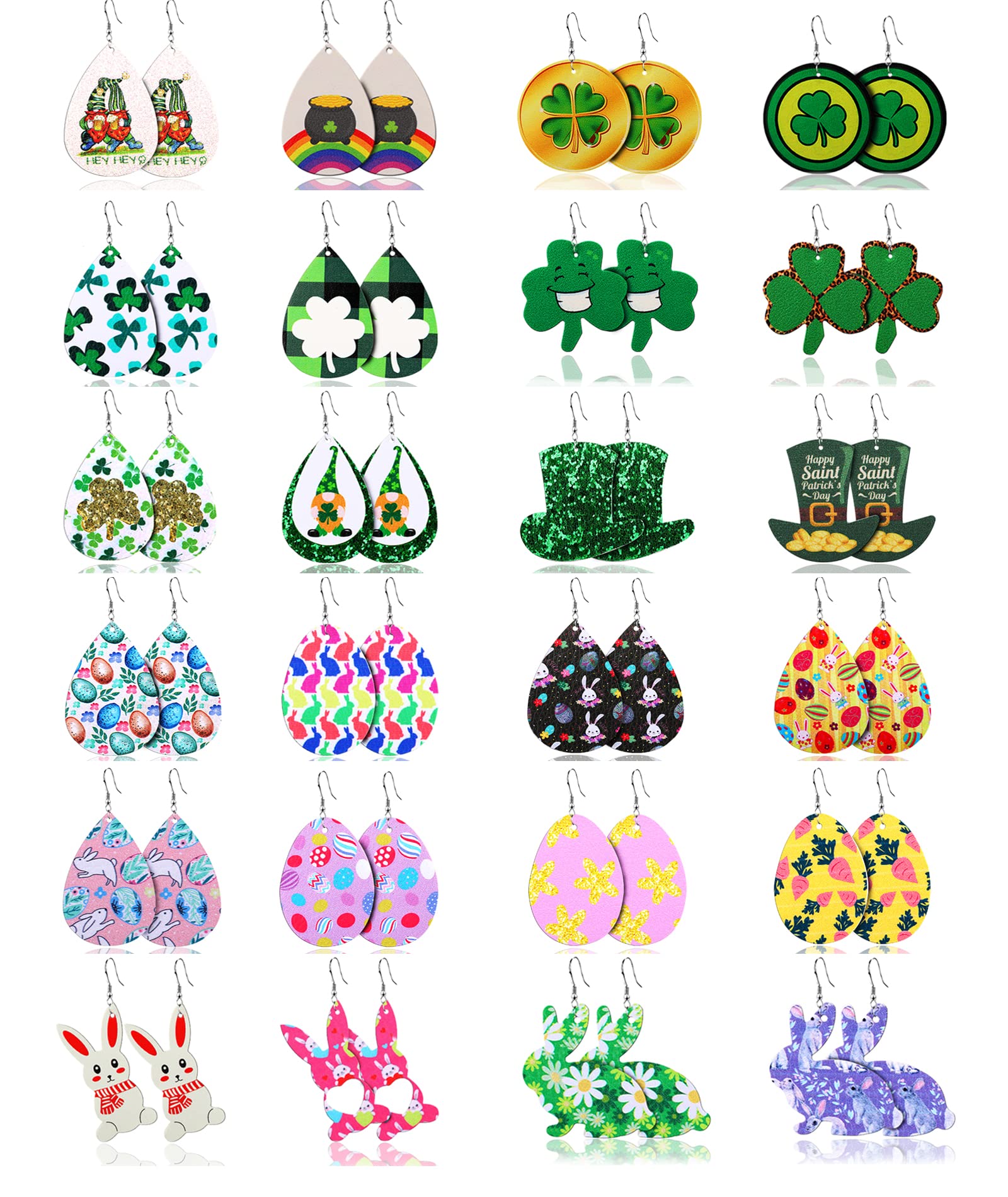 Honsny 24 Pairs St Patrick's Day Easter Earrings for Women Faux Leather Teardrop Dangle Earrings Set Clover Green Hat Easter Egg Dangle Earrings Jewelry for Women Drop Earrings