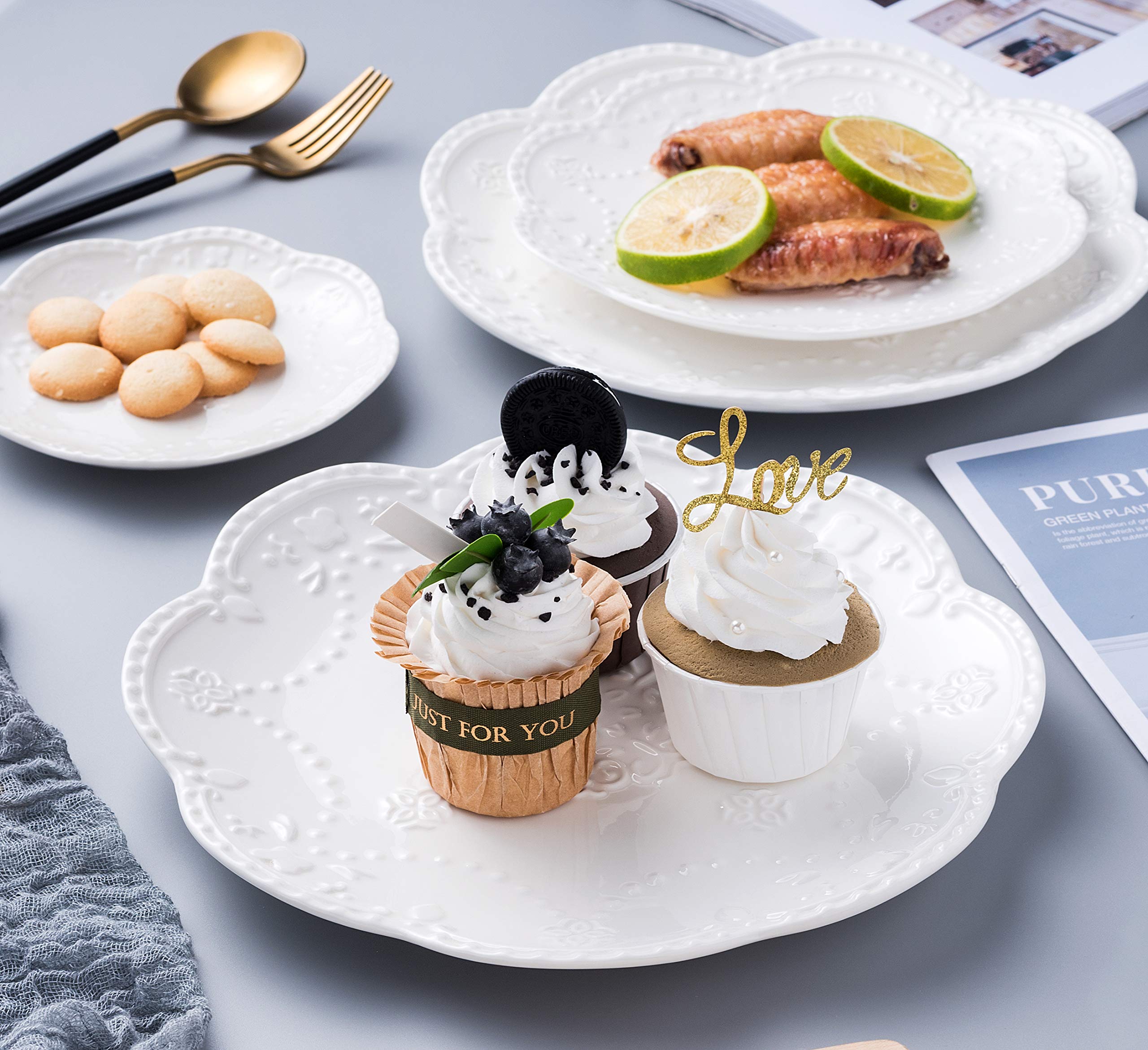 Jusalpha Embossed Lace Porcelain Plate-Dinner Plate Set, Pasta/Salad/Dessert Plate, Tableware Set for Restaurant Family Party Kitchen Use -4 Pieces, FD-PL15 (10 Inche, White)