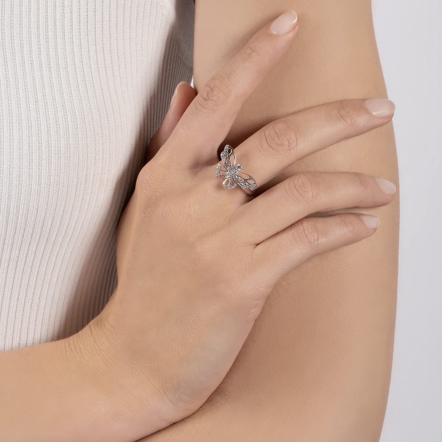 Jewelili Hallmark Fine Jewelry Sterling Silver and 14K Rose Gold 1/6 Cttw Natural White Round Diamond Butterfly Ring, Size 8