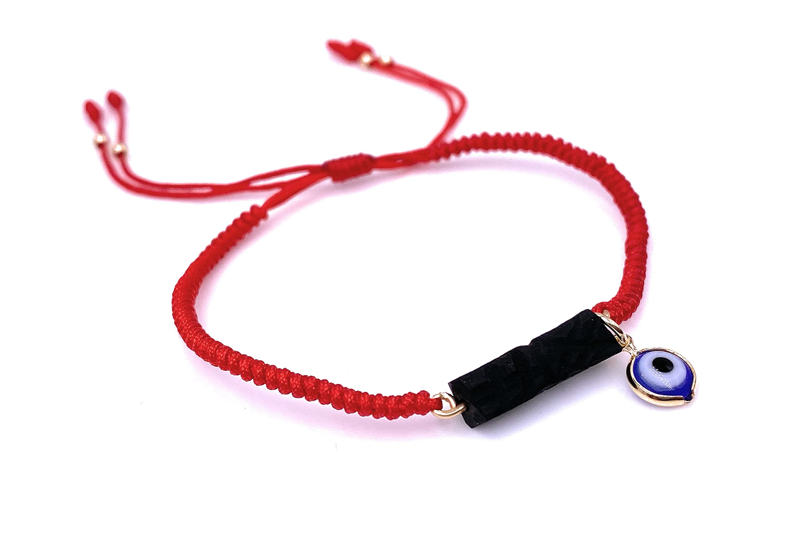 LESLIE BOULES Red Thread Genuine Azabache Hand Bracelet with Small Blue Evil Eye Connector Handmade Jewelry
