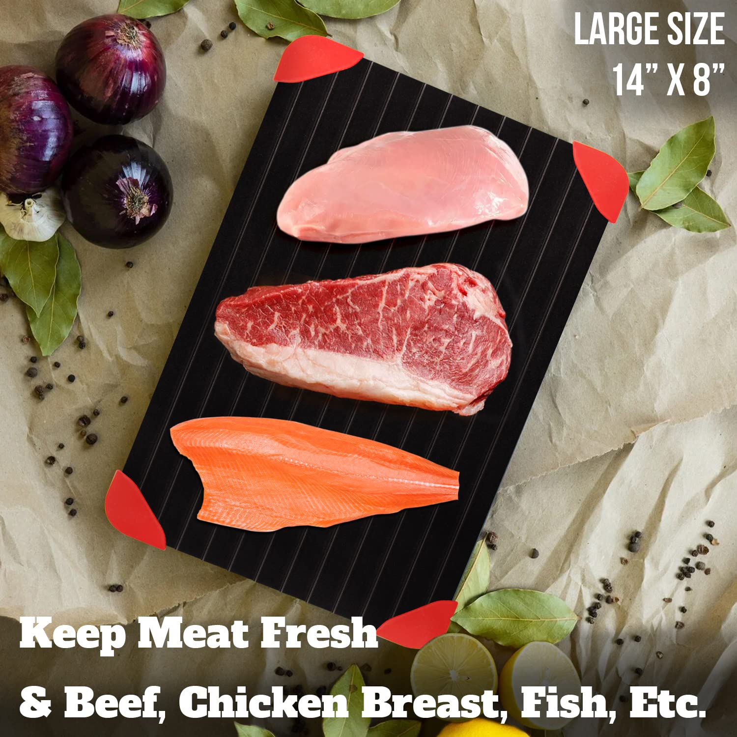 LOMUTY Quick Thaw Defrosting Tray Natural Thawing Frozen Meat, Miracle Thaw Defrosting Tray Original, Fast Meat Defrosting Plate Board for Fish with Four Silicone Corners Inside.