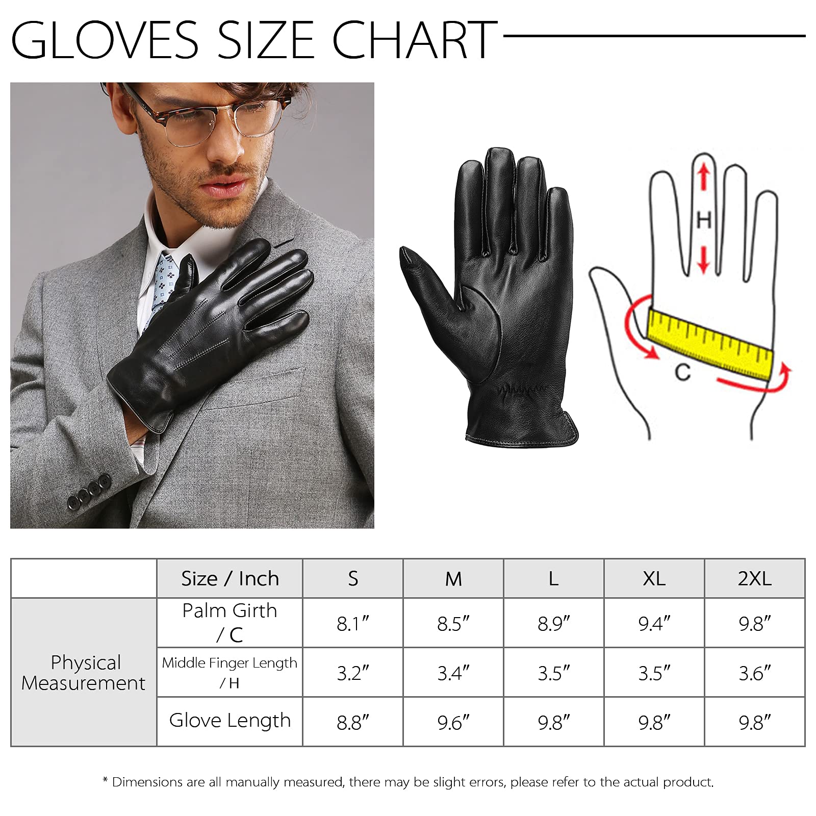 Harrms Leather Gloves for Mens, Full-Hand Touchscreen Mens Warm Cold Weather Gloves for Texting Driving Gift (M-8.5"(US Standard Size), BLACK)