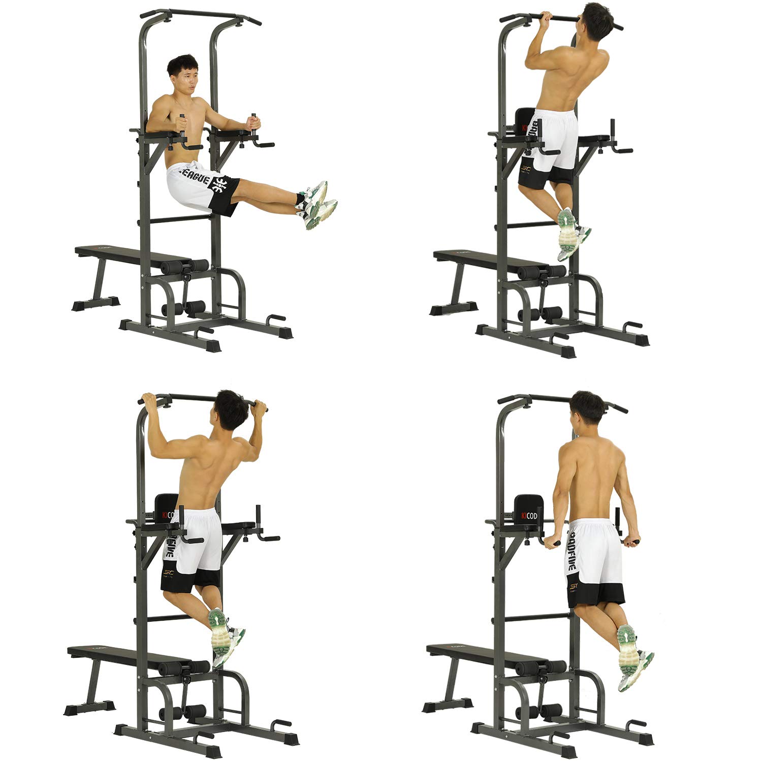 Kicode Power Tower with Bench, Pull Up Bar Dip Station, Height Adjustable Pull Up Tower for Home Gym Strength Training Exercise Workout Equipment, Support Up to 400LBS